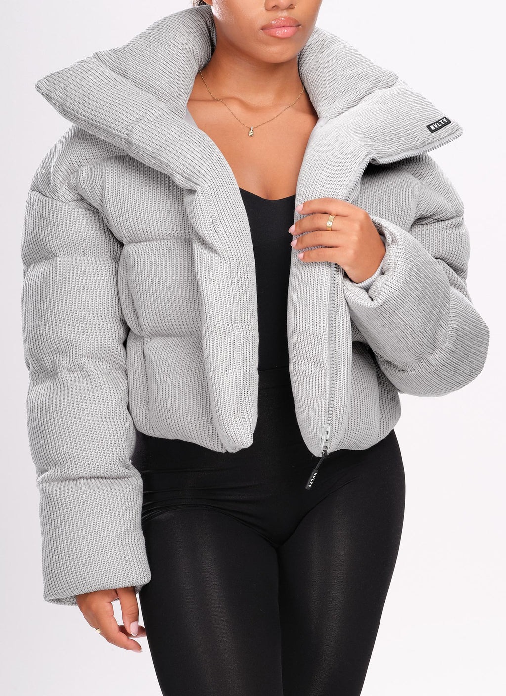 NVLTY - Womens Knit Shawl Collar Puffer Jacket - Grey – US - N V L T Y